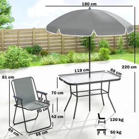 Sada zahradního nábytku sedací souprava 119 x 68 cm skleněný stůl se 6 skládacími židlemi slunečník vzor vodní vlna šedá