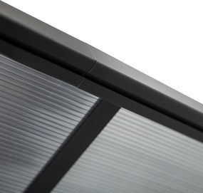 Hliníková pergola ke zdi 4,35 × 3,02 m, zastřešení terasy s polykarbonátovou střechou, výškově nastavitelná, šedá