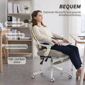 HOMCOM Kancelářská židle, ergonomická židle k psacímu stolu s opěrkou nohou, houpací funkcí, opěrkami rukou, síťovina, šedá