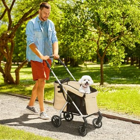 Vozík pro psy, lehký a skládací přepravní vozík pro malé psy, omyvatelný polštář, síťované okno, barva khaki