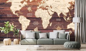 Samolepící tapeta mapa na dřevě - 300x200 cm