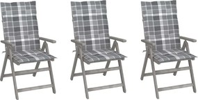 vidaXL Zahradní polohovací židle s poduškami 3 ks masivní akácie [3064738] Barva: Vzor šedá kostka