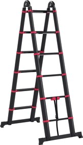 HOMCOM Skládací hliníkový žebřík 2 v 1, teleskopický, 12 protiskluzových stupňů, nosnost 150 kg, 379x67,5x11 cm, černá a červená | Aosom