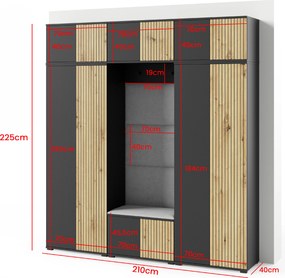Eka Předsíňová stěna s čalouněnými panely Joey 4 - Černá a Dub Artisan / Tmavá krémová 2302