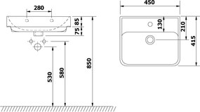 Bruckner NEON keramické umyvadlo 45 x 41,5cm s přepadem bílá 201.130.0