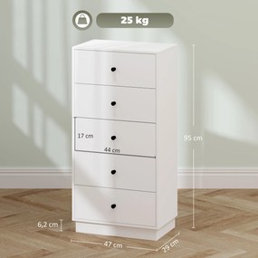 HOMCOM Komoda se 5 zásuvkami, dřevěný úložný kabinet v moderním stylu, 47 x 29 x 95 cm, bílá