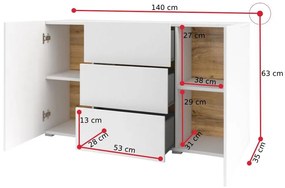 Komoda AVA 2D3S, 140x63x35, bílá/wotan dub