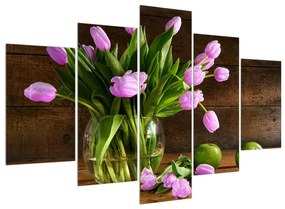 Obraz fialových tulipánů ve váze (150x105 cm)
