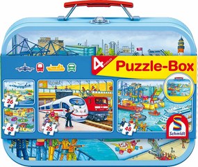 Puzzle schmidt puzzle doprava 4v1 v plechovém kufříku (26,26,48,48 dílků)