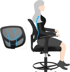 Ergonomická kancelářská židle s opěrkami, vysoká otočná židle s výškou sedáku 55-75 cm, černá