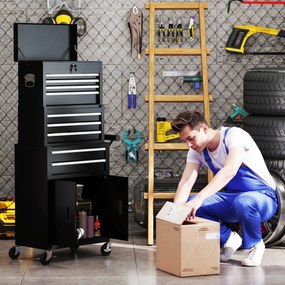 box na nářadí 3 v 1, skříňka na nářadí se 4 kolečky, uzamykatelný box na nářadí s 9 zásuvkami, ocel, černá barva