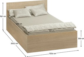 Postel s kovovým roštem a úložným prostorem, 120x200, dub sonoma, DOLI