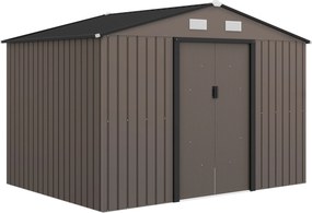 Outsunny XXL pozinkovaný ocelový zahradní domek 5,4 m² s montážní sadou, 277 × 195 × 192 cm, uzamykatelné posuvné dveře, 4 větrací otvory, hnědý | Aos