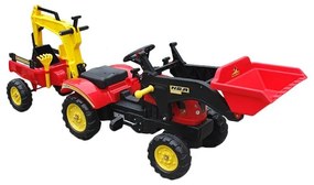 Tomido Šlapací traktor s nakladačem, rypadlem a vlečkou červený