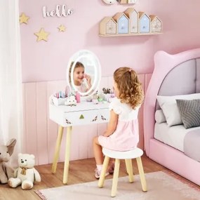 AIYAPLAY Toaletní stolek pro dívky se 3-barevným LED světlem, taburet, zrcadlo, 2 zásuvky, 2 úložné boxy, bílá