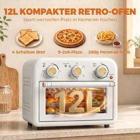 HOMCOM Horkovzdušná fritéza 12 litrů mini trouba s ventilátorem, 5 programů, plech a koš na smažení, 1200 W, vhodná do myčky