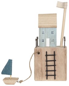 Dřevěná dekorace domku s loďkou - 11*7*11/27 cm