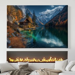 Obraz na plátně - Podzimní ráno v chatce u jezera FeelHappy.cz Velikost obrazu: 120 x 80 cm