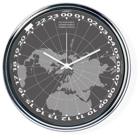 Tmavě šedé hodiny s chodem 24h ukazující na mapě, kde je právě poledne (32 cm) | atelierDSGN