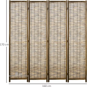 HOMCOM 4-panelový skládací paravan 160 cm x 1.8 cm x 170 cm Rustikální dřevěný a rákosový oddělovač místností pro kancelář, ložnici, obývací pokoj