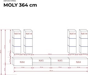 Ral Obývací stěna MOLY 364 cm - Černý lesk