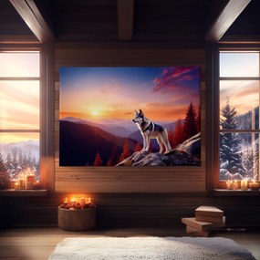 Obraz na plátně - Vlk na skále s magickým západem slunce FeelHappy.cz Velikost obrazu: 150 x 100 cm