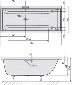 Polysan, CLEO obdélníková vana 170x75x48cm, bílá, 94611