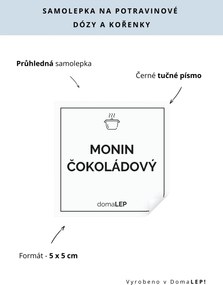 Samolepka na láhev MONIN ČOKOLÁDOVÝ 5 x 5 cm – průhledná vinylová, voděodolná, omyvatelná samolepka na dózy, tučné písmo