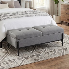 HOMCOM úložná lavice, lněný taburet s 2 přihrádkami, víky na pantech a extra polstrováním, sedadlo s knoflíkovým prošitím — (117 x 50 x 44 cm), šedá