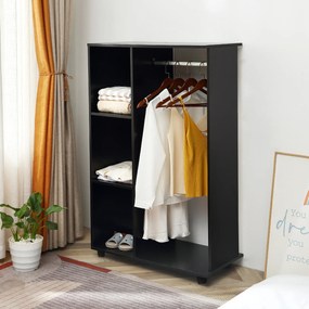 HOMCOM Skříň na kolečkách s otevřeným designem pro oblečení s ramínkovou tyčí a policemi organizátor pro ložnici 80x40x128 cm Černá