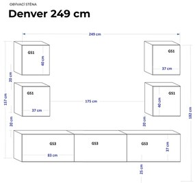 Ral Obývací stěna DENVER 1, 249 cm - Černý lesk