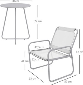 3dílná sada zahradního nábytku, 2 židle s prodyšným látkovým potahem, 1 kulatý stůl Ø60 cm, světle šedá barva