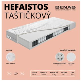 Taštičková matrace Benab Hefaistos 200x90 cm (T2). Kvalitní matrace slovenské výroby, která dokonale kopíruje tvar lidského těla, se zvýšeným ortopedickým efektem, pratelným potahem a vrstvou z kokosu. 763084
