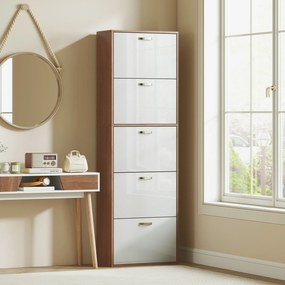 HOMCOM Úzký a úsporný obuvník na 5 pater pro maximálně 30 párů se 2 policemi na úroveň, MDF obuvník, 60x28x189 cm, bílá a hnědá