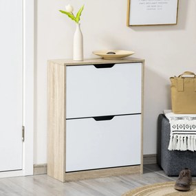 HOMCOM Dřevěný botník s 2 skládacími dvířky a 4 policemi, kapacita pro 8 párů do předsíně, chodby nebo ložnice, 62,5x26x81 cm, bílý a přírodní