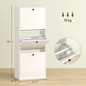 HOMCOM Botník se 3 Zásuvkami, Botník s Nastavitelnými Přihrádkami, Úzký Botník pro 12 Párů Bot 47 x 26 x 120 cm, Bílý