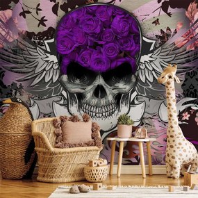 Fototapeta Abstrakce - lebka v odstínech fialové na pozadí s květinami