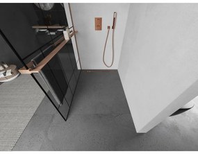 Mexen Kioto+, sprchová zástěna Walk-In s poličkou a věšákem 140 x 200 cm, 8mm čiré sklo černý vzor, ​​měděný matný profil, 800-140-121-65-78