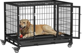 PawHut Metalová klec pro psy s kolečky a brzdami, odnímatelný zásobník a dvířka s pojistkou pro zlatého retrívra labradora 92x62x75 cm Černá | Aosom