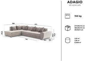 KOOKO HOME Rohová rozkládací sametová pohovka s úložným prostorem Adagio XL levý roh