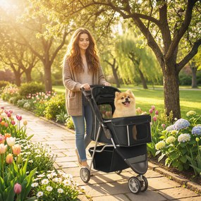 Skládací kočárek pro psy Kočárek pro psy s úložným košíkem Polštářek Síťované okénko Držák na kelímek pro malé psy do 10 kg Černý