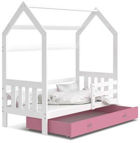 BabyBeds Dětská postel domeček se zábranou a úložným prostorem bílá Velikost postele: 190x80 cm, Barva šuplíku: Růžová