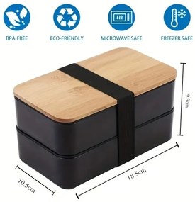 Svačinový box DUO LUNCH s příborem, černý/bambus