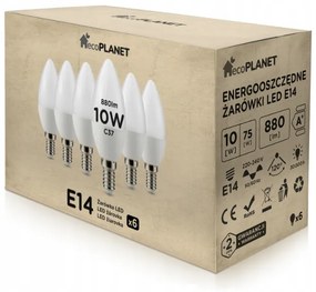 6x LED žárovka - ecoPLANET - E14 - 10W - svíčka - 880Lm - studená bílá