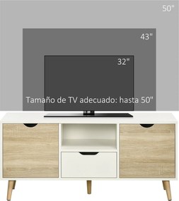 HOMCOM TV Stolek s Šuplíkem, 2 Dveřmi a Komorou pro Televize do 50 Palců, Dezén pro Obývací Pokoj a Ložnici 110x40x50 cm Bílý a Přírodní