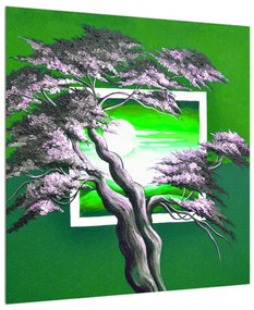 Zelený obraz stromu a východu slunce (50x50 cm)