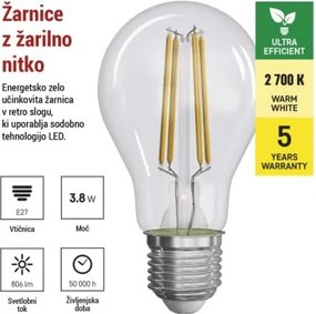 Emos lighting LED žárovka Filament A60 A CLASS / E27 / 3,8 W (60 W) / 806 lm / teplá bílá 1525283273