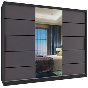 Šatní skříň 232 cm Belini černý mat / šedý mat s posuvnými dveřmi zrcadlem a zásuvkami  MBP SZP8/0/1B/2SR1L/0/KLP
