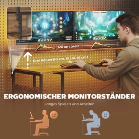 HOMCOM Herní stůl ve tvaru L s elektrickou zásuvkou, LED osvětlením, 4 zásuvkami, stojanem na monitor, 155x110x91,4 cm, hnědý