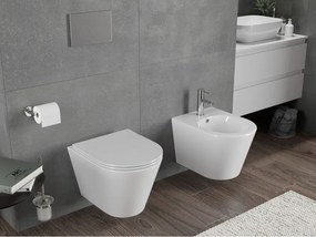Mexen Rico, závěsná WC mísa 490x360x370 mm, Rimless Tornádo + WC sedátko z duroplastu, bílá lesklá, 30720400T
